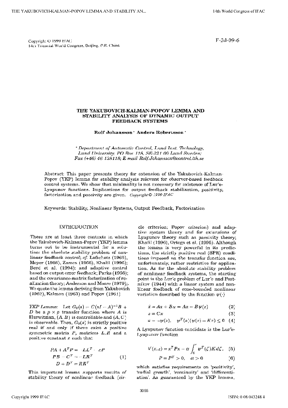 (PDF) The Yakubovich-Kalman-Popov lemma and stability analysis of dynamic output feedback systems