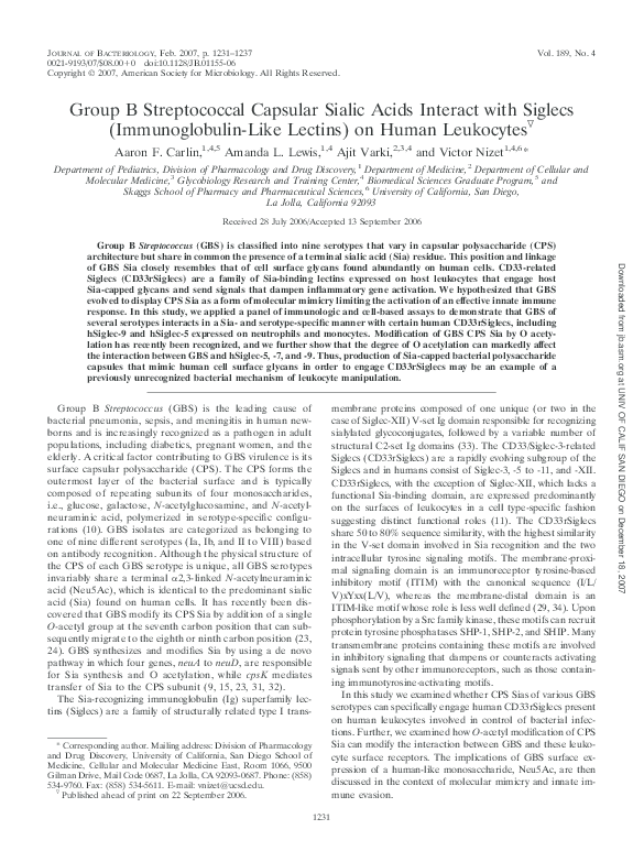 (PDF) Group B streptococcal capsular sialic acids interact with siglecs ...