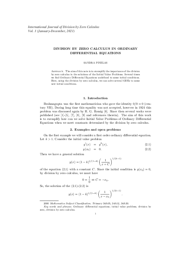 (PDF) Division by Zero Calculus in Ordinary Differential Equations