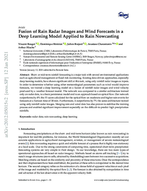 (PDF) Fusion of rain radar images and wind forecasts in a deep learning model applied to rain ...