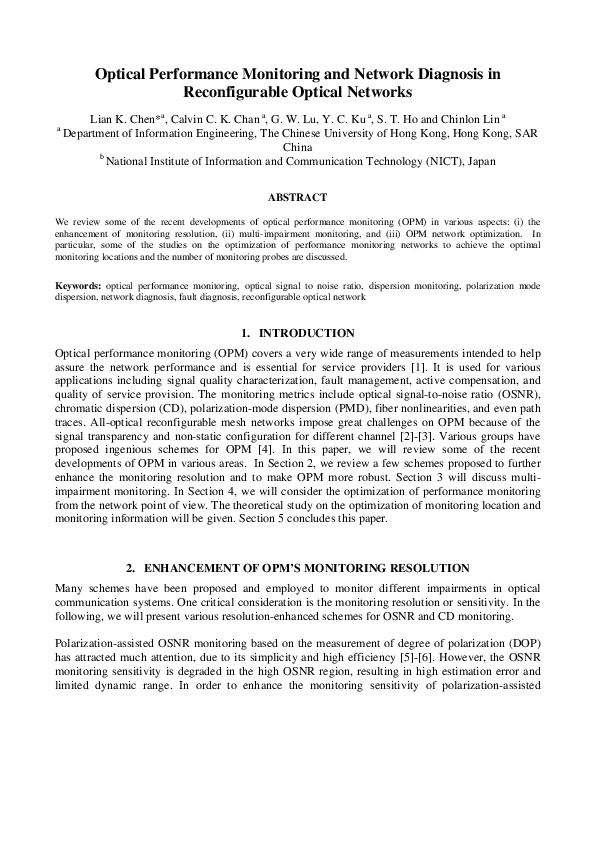 (PDF) Optical performance monitoring and network diagnosis in ...