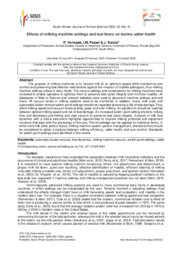 (PDF) Effects of milking machine settings and teat liners on bovine udder health