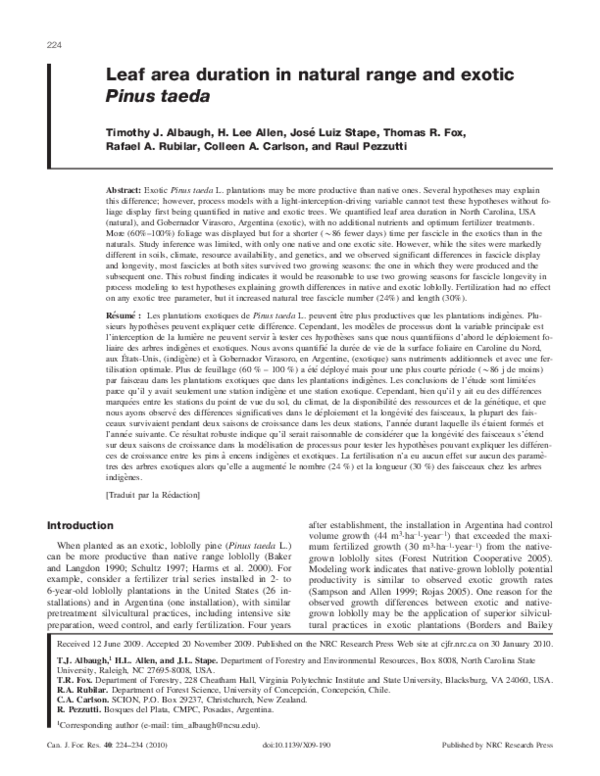 (PDF) Leaf area duration in natural range and exotic Pinus taeda