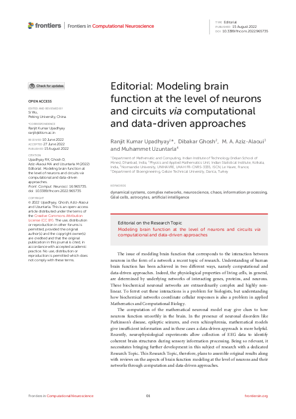 Pdf Editorial Modeling Brain Function At The Level Of Neurons And Circuits Via Computational