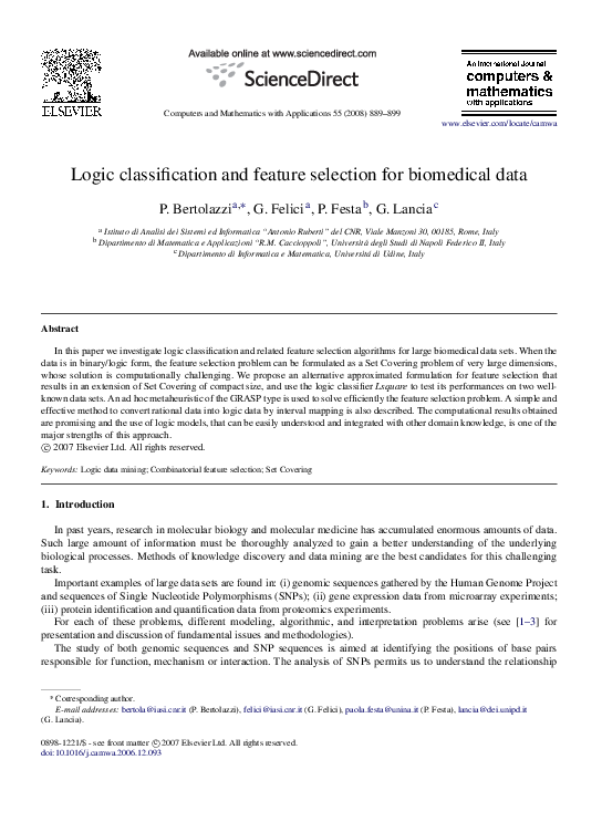 (PDF) Logic classification and feature selection for biomedical data
