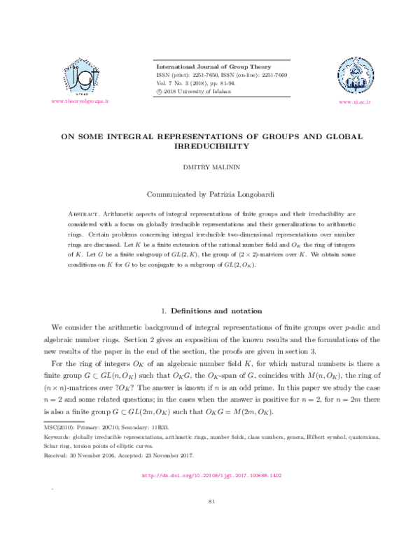 (PDF) Some integral representations of finite groups and their arithmetic applications