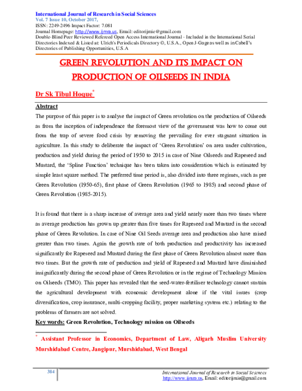(PDF) Green Revolution and Its Impact on Production of Oilseeds in India