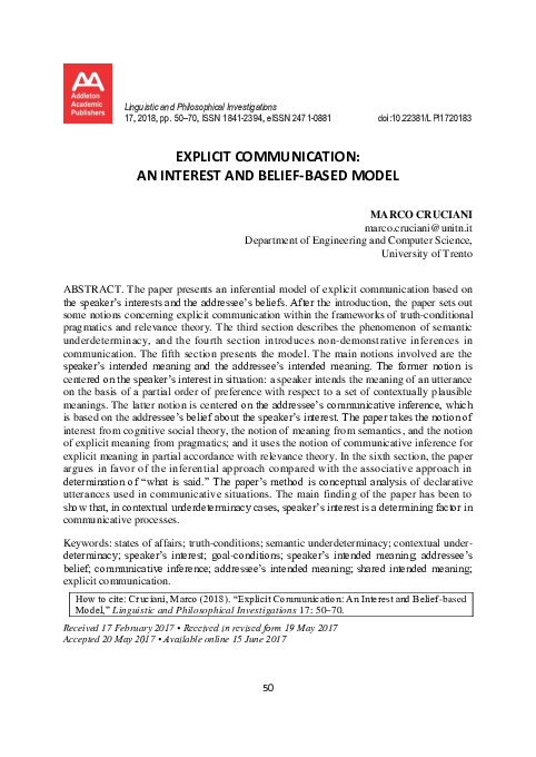 (PDF) Explicit Communication: An Interest and Belief-Based Model