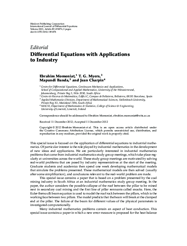 (PDF) Differential equations with applications to industry