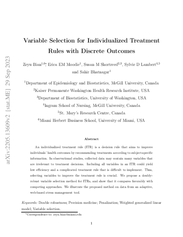 (PDF) Variable Selection for Individualized Treatment Rules with Discrete Outcomes
