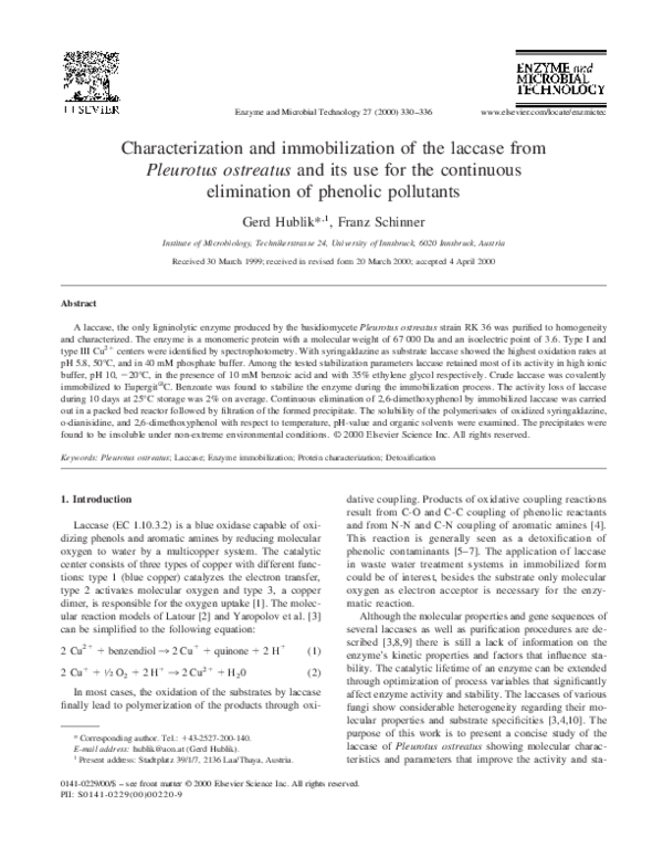 (PDF) Characterization and immobilization of the laccase from Pleurotus ...