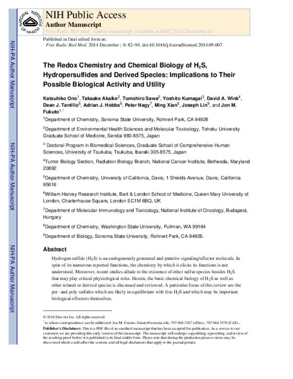 (PDF) Redox chemistry and chemical biology of H2S, hydropersulfides ...