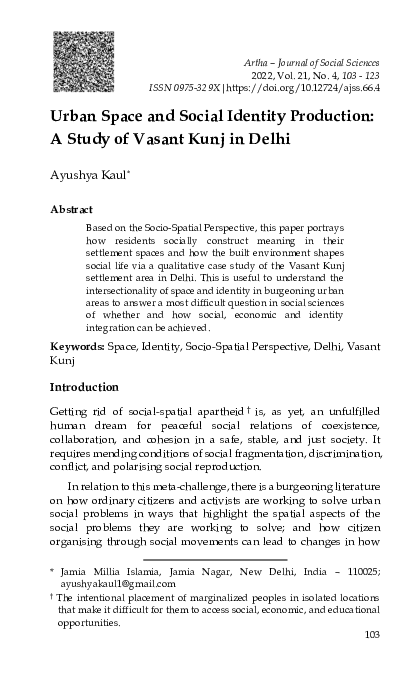 (PDF) Urban Space and Social Identity Production: A Study of Vasant Kunj in Delhi