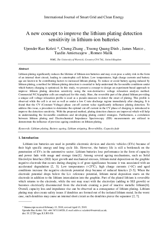 Pdf A New Concept To Improve The Lithium Plating Detection Sensitivity In Lithium Ion Batteries