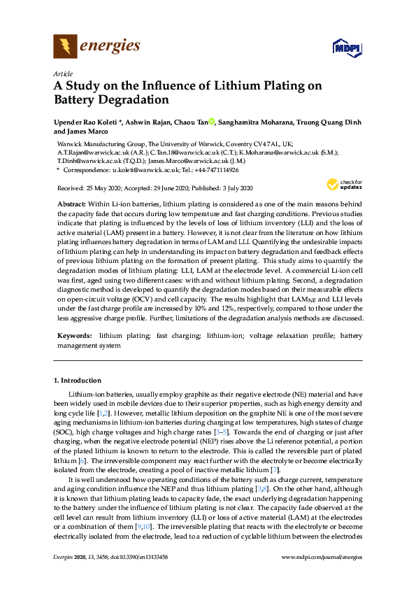 (PDF) A Study on the Influence of Lithium Plating on Battery Degradation