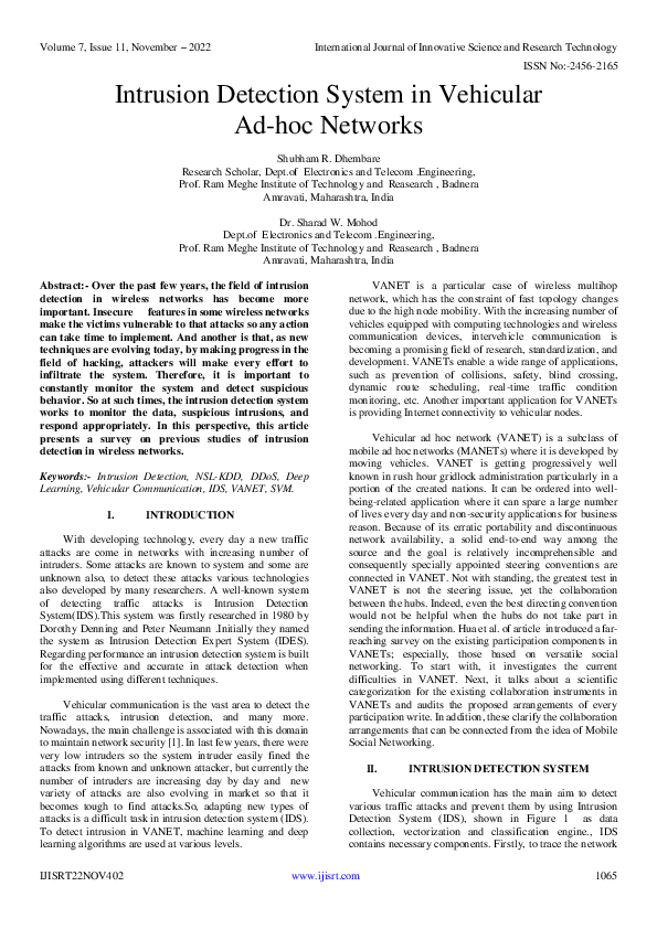(PDF) Intrusion Detection System in Vehicular Ad-hoc Networks