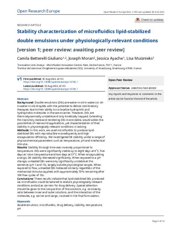 (PDF) Stability characterization of microfluidics lipid-stabilized double emulsions under ...