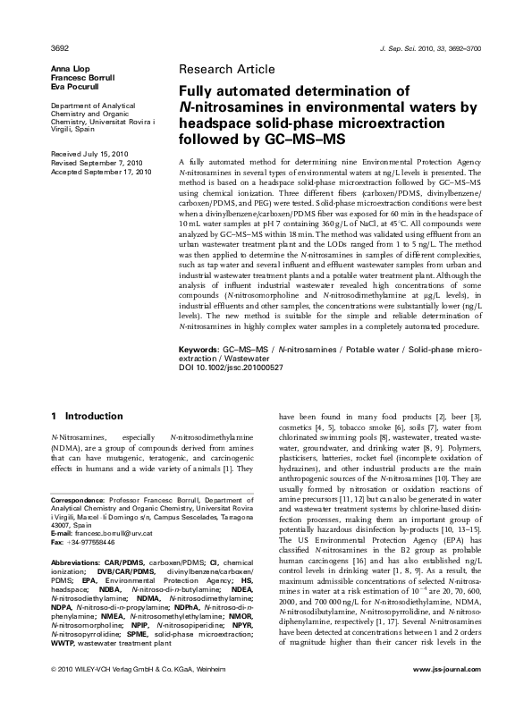 (PDF) Fully automated determination of N -nitrosamines in environmental waters by headspace ...