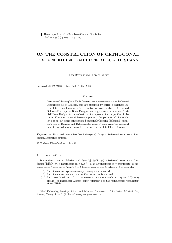 (PDF) On the Construction of Orthogonal Balanced Incomplete Block Designs