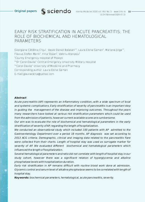 (PDF) Early Risk Stratification in Acute Pancreatitis: The Role of ...