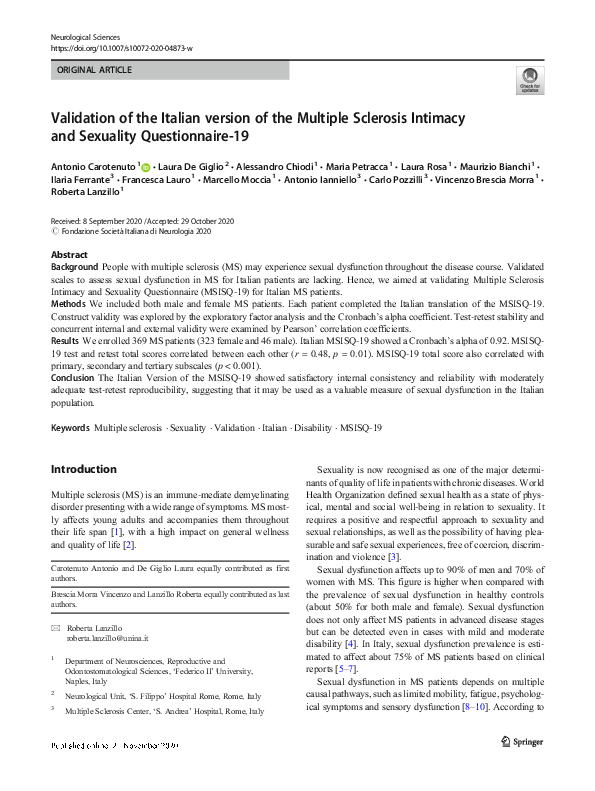 (PDF) Validation of the Italian version of the Multiple Sclerosis ...