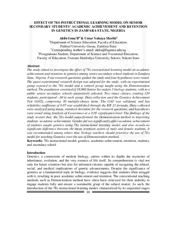 (PDF) EFFECT OF 7ES INSTRUCTIONAL LEARNING MODEL ON SENIOR SECONDARY ...