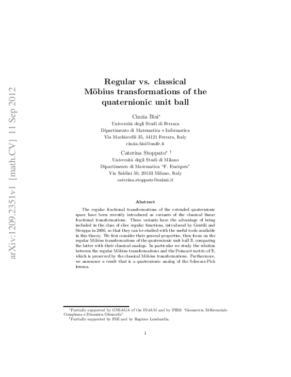 (PDF) Regular vs. Classical Möbius Transformations of the Quaternionic ...