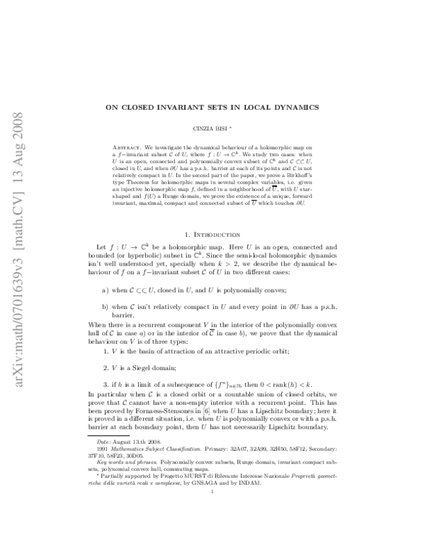 (PDF) On closed invariant sets in local dynamics