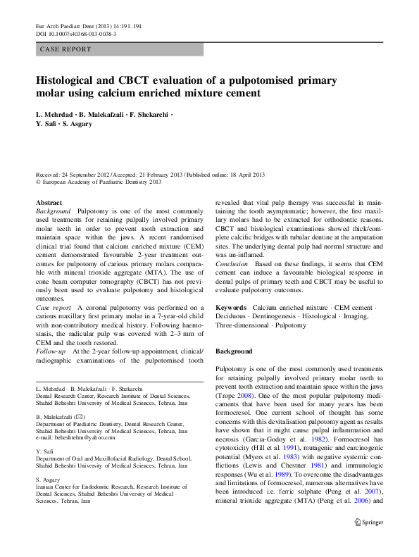 (PDF) Histological and CBCT evaluation of a pulpotomised primary molar ...