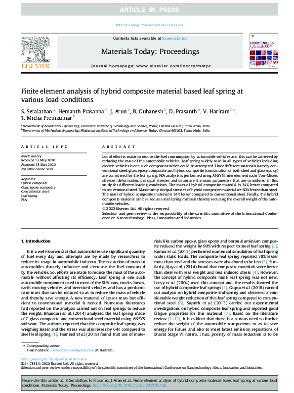 Pdf Finite Element Analysis Of Hybrid Composite Material Based Leaf Spring At Various Load
