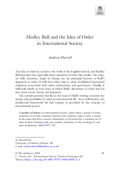 (PDF) Hedley Bull and the Idea of Order in International Society