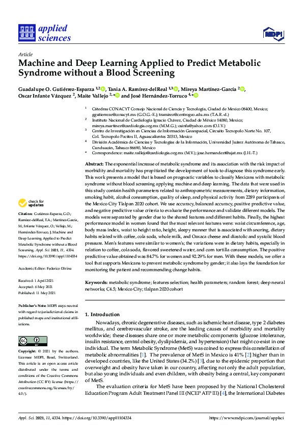 (PDF) Machine and Deep Learning Applied to Predict Metabolic Syndrome without a Blood Screening