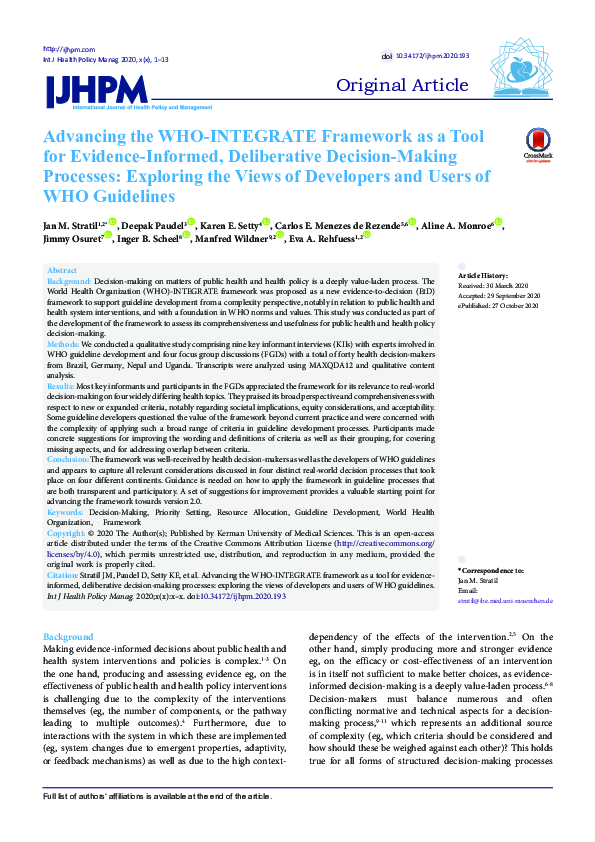 (PDF) Advancing the WHO-INTEGRATE Framework as a Tool for Evidence ...