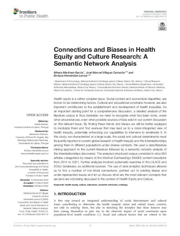 (PDF) Connections and Biases in Health Equity and Culture Research: A Semantic Network Analysis