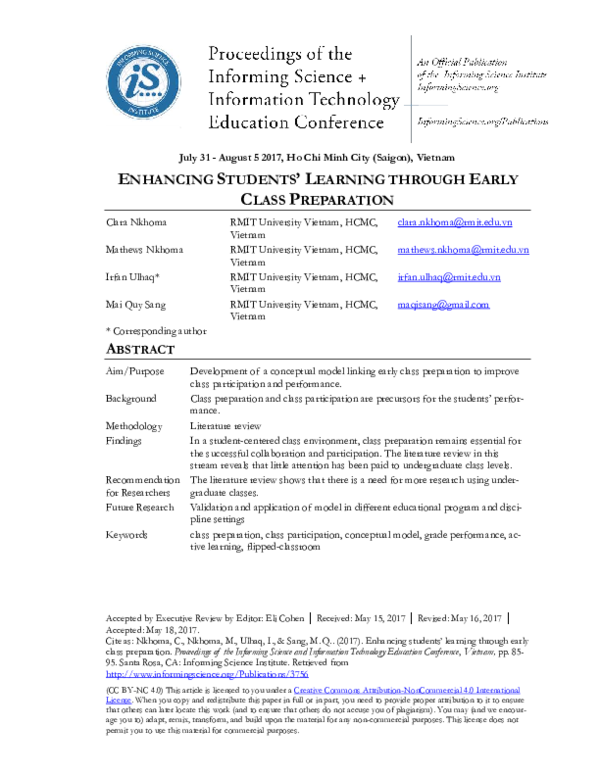 (PDF) Enhancing Students’ Learning through Early Class Preparation