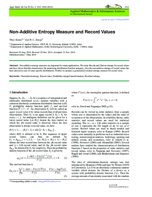(PDF) Non-Additive Entropy Measure and Record Values