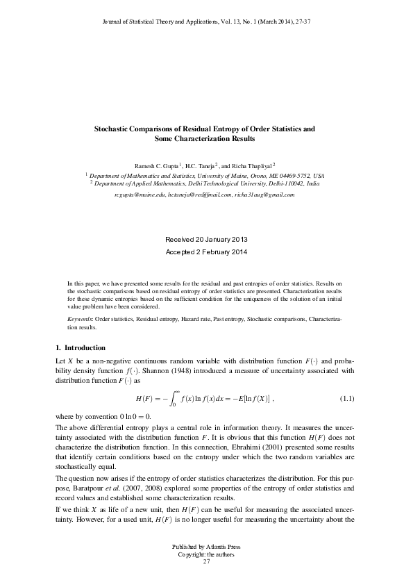 Pdf Stochastic Comparisons Of Residual Entropy Of Order Statistics