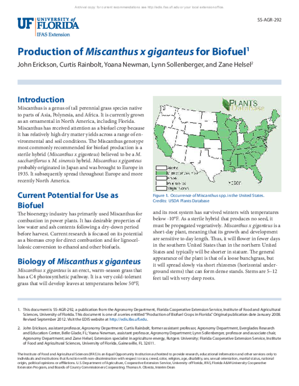 (PDF) Production of Miscanthus x giganteus for Biofuel