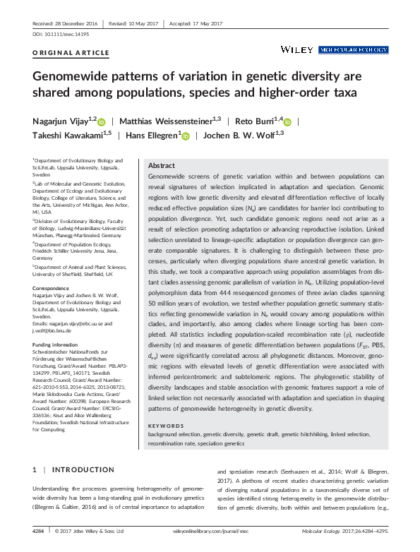 (PDF) Genomewide patterns of variation in genetic diversity are shared ...