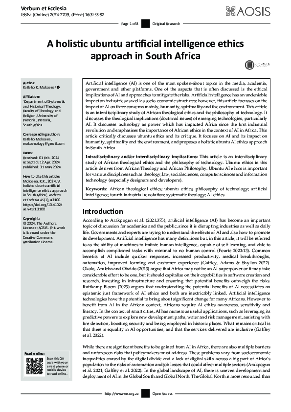 (PDF) A holistic ubuntu artificial intelligence ethics approach in South Africa