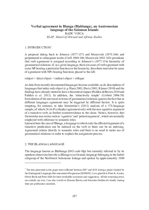 (PDF) Verbal agreement in Blanga (Blablanga), an Austronesian language ...
