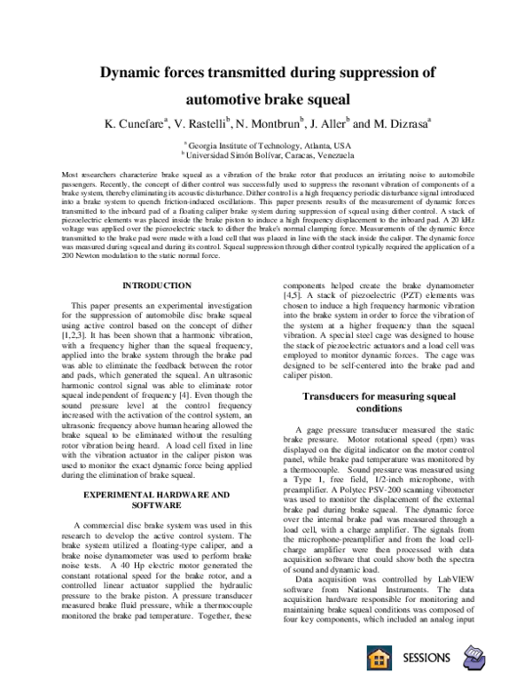 (PDF) Dynamic forces transmitted during suppression of automotive brake squeal