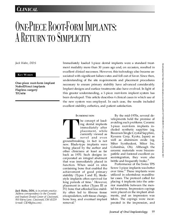 (PDF) One-Piece Root-Form Implants: A Return to Simplicity