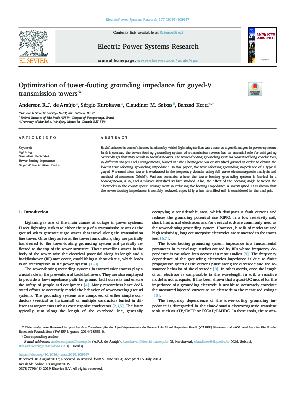 (PDF) Optimization of tower-footing grounding impedance for guyed-V ...