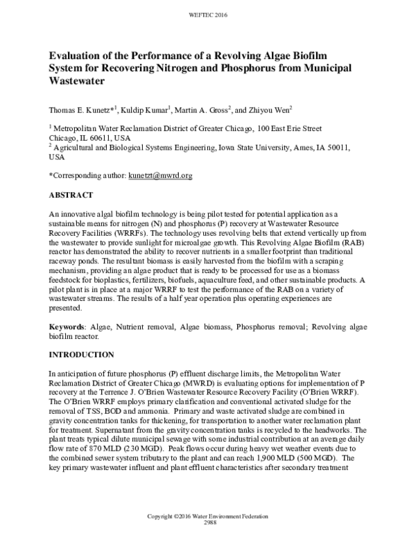 (PDF) Evaluation of the Performance of a Revolving Algae Biofilm System for Recovering Nitrogen ...