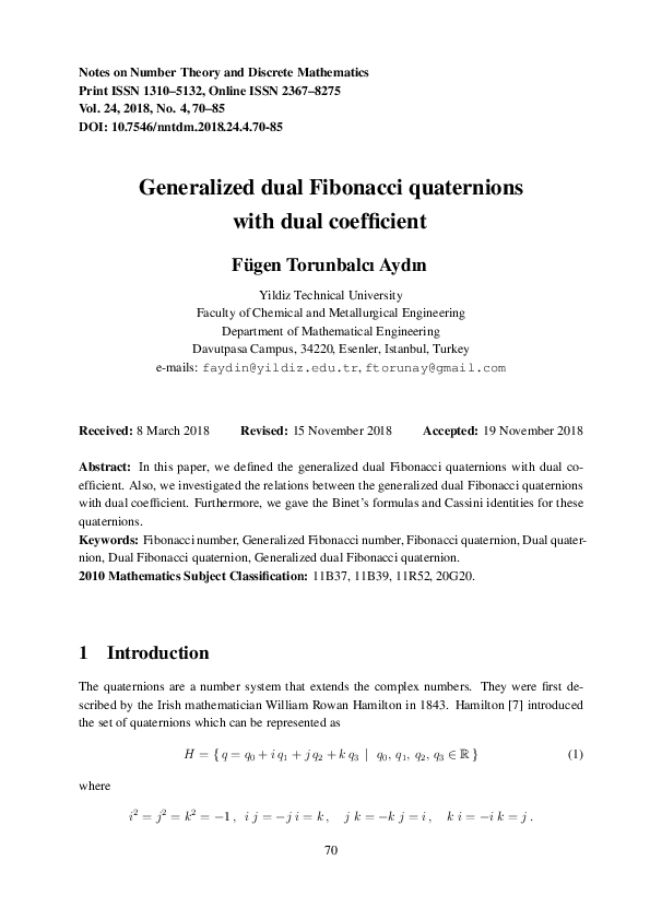 (PDF) Generalized dual Fibonacci quaternions with dual coefficient