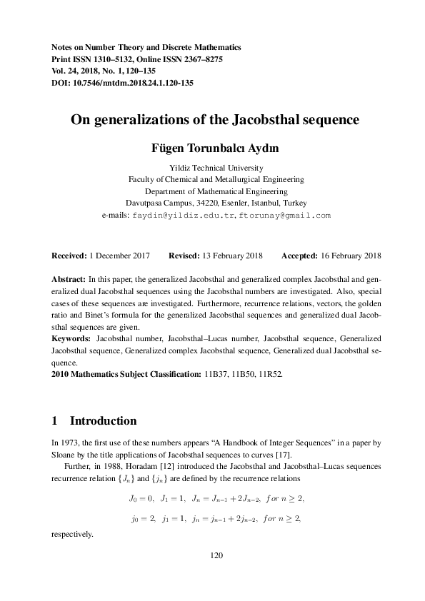 (PDF) On generalizations of the Jacobsthal sequence | Fügen Torunbalcı ...
