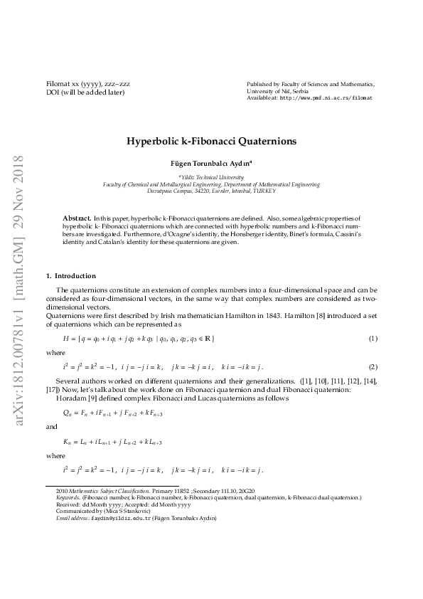 (PDF) Hyperbolic k-Fibonacci Quaternions