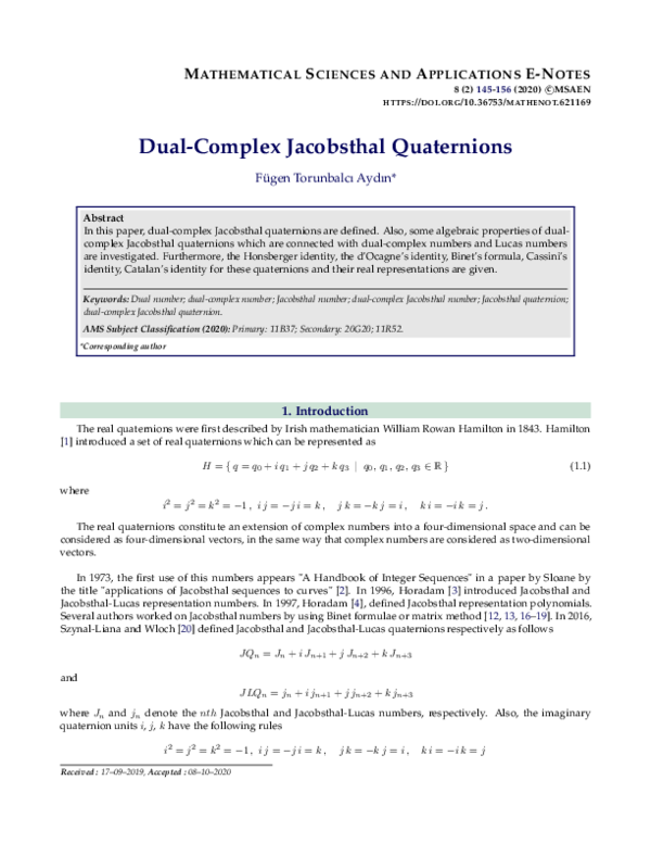 (PDF) Dual-complex Jacobsthal Quaternions