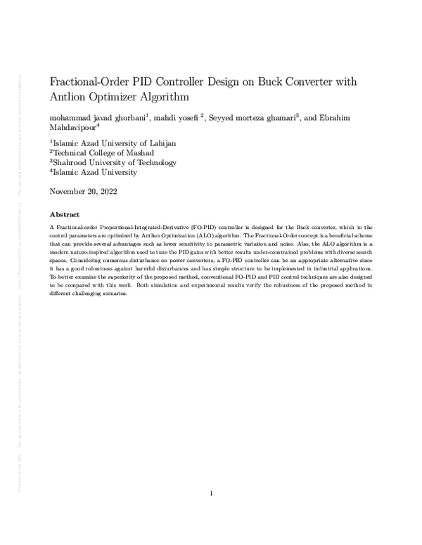Pdf Fractional Order Pid Controller Design On Buck Converter With Antlion Optimizer Algorithm